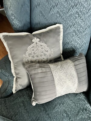 Gray, White & Silver Embroidered Silk Pillow Set Gorgeous! One Set Of 2 ...