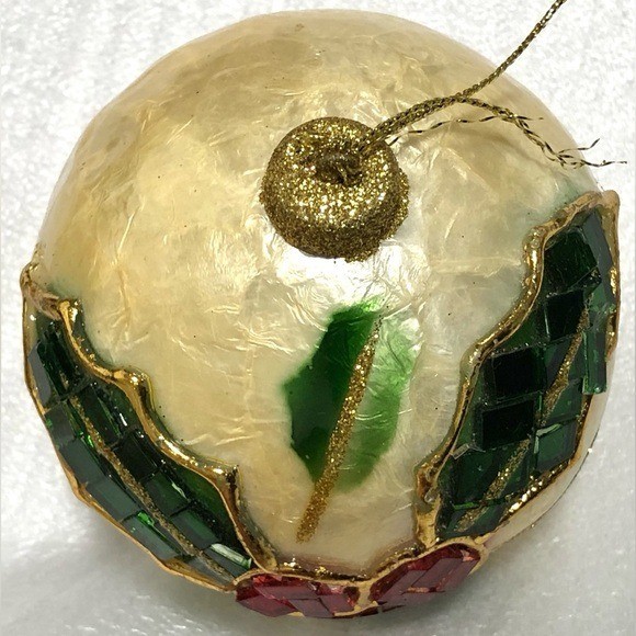 Vintage Capiz Shell Ornament with Holly Berry Design Christmas ...