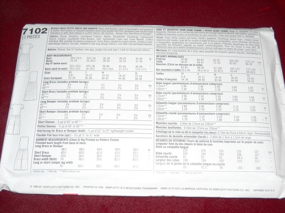 🌹 UNCIRCULATED SIMPLICITY #7102-LADIES 9 STYLE DRESS & ROMPER PATTERN ...