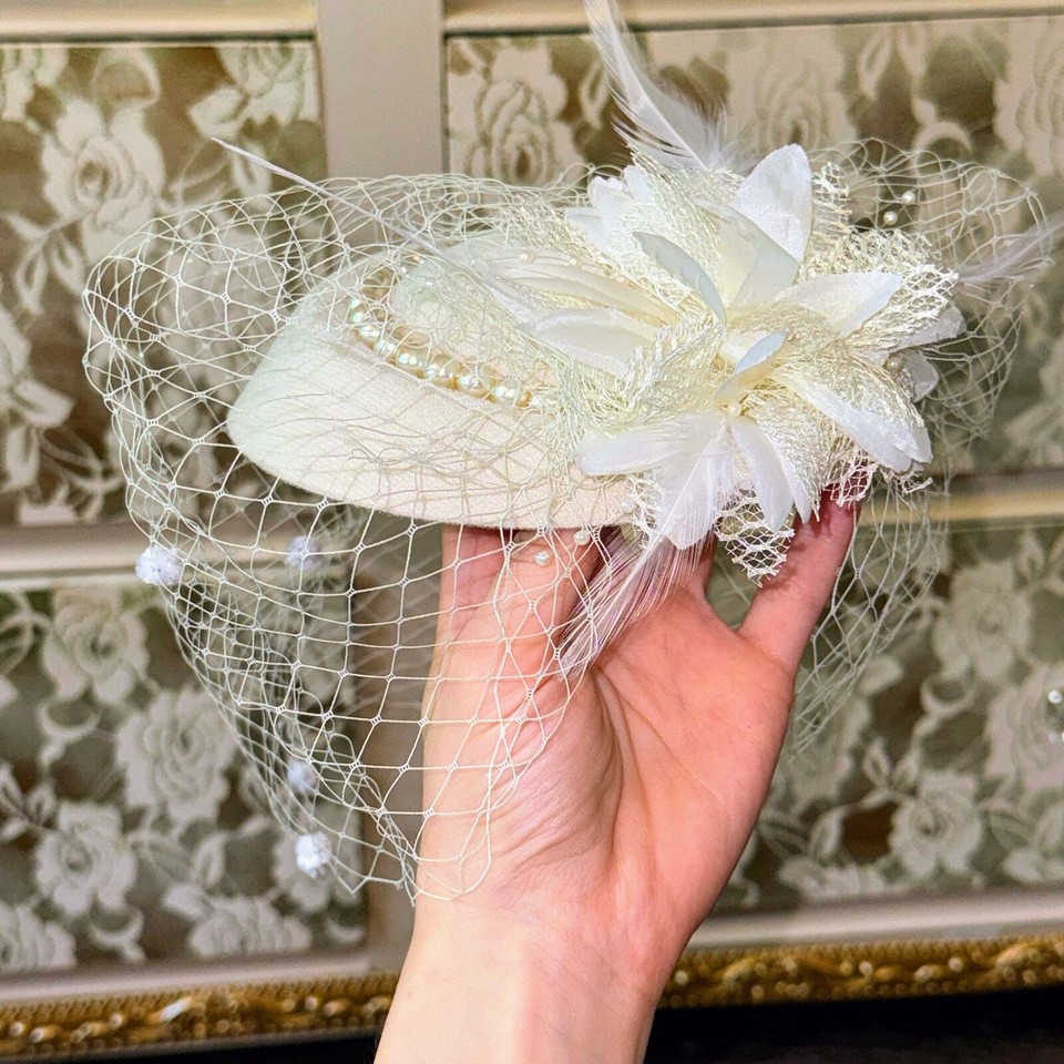 New Vintage Ivory Wedding Pillbox Pearl Bridal Birdcage Hat Netted Veil ...