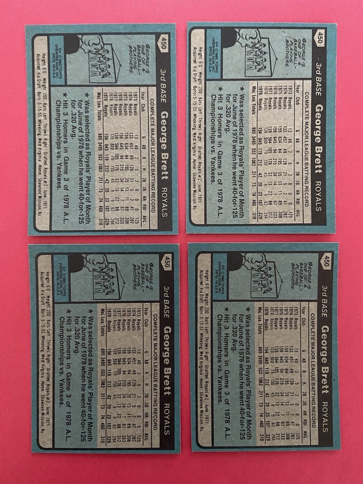 1980 Topps George Brett Kansas City Royals Baseball Cards (4). Near ...