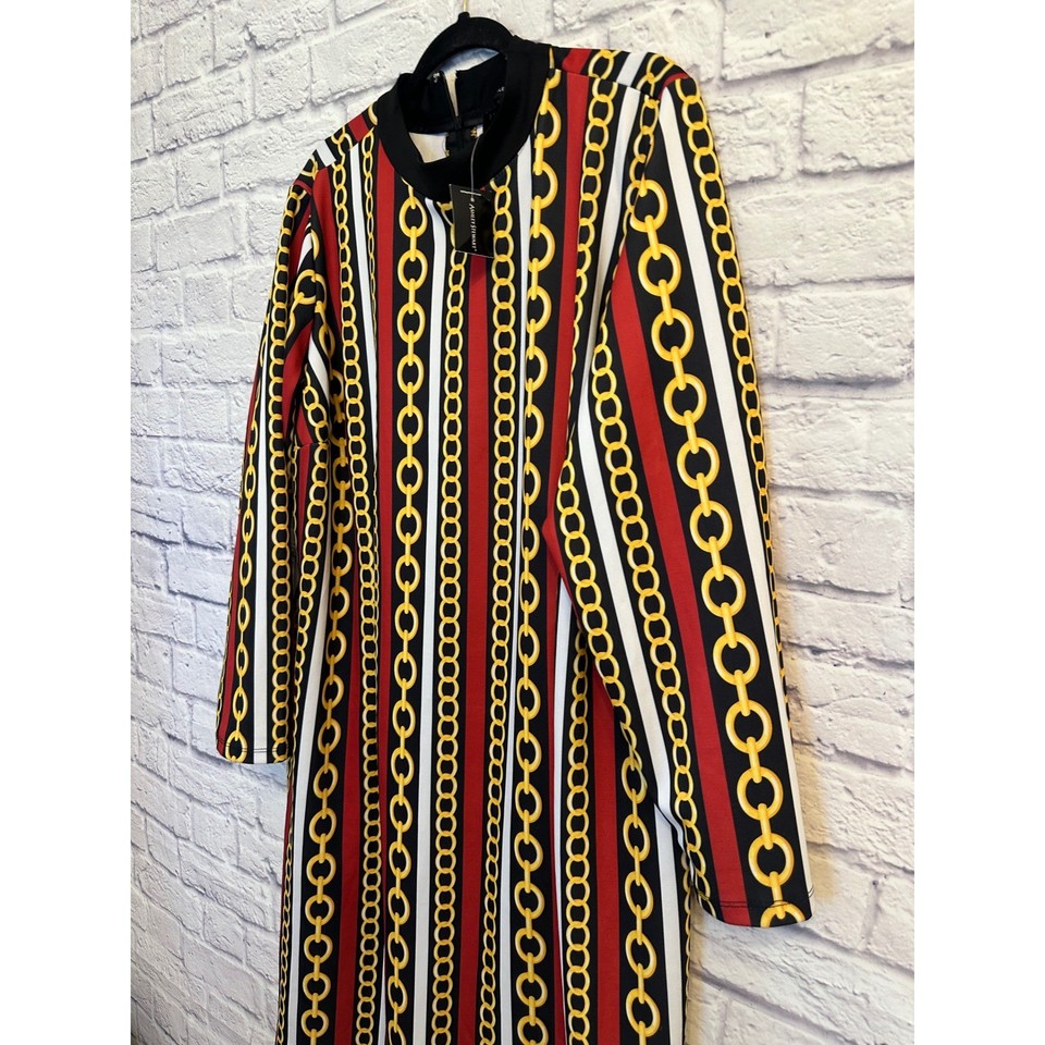NWT Ashley Stewart Dress 22/24 Black Red White Gold Chain Print Mock Neck | eBay
