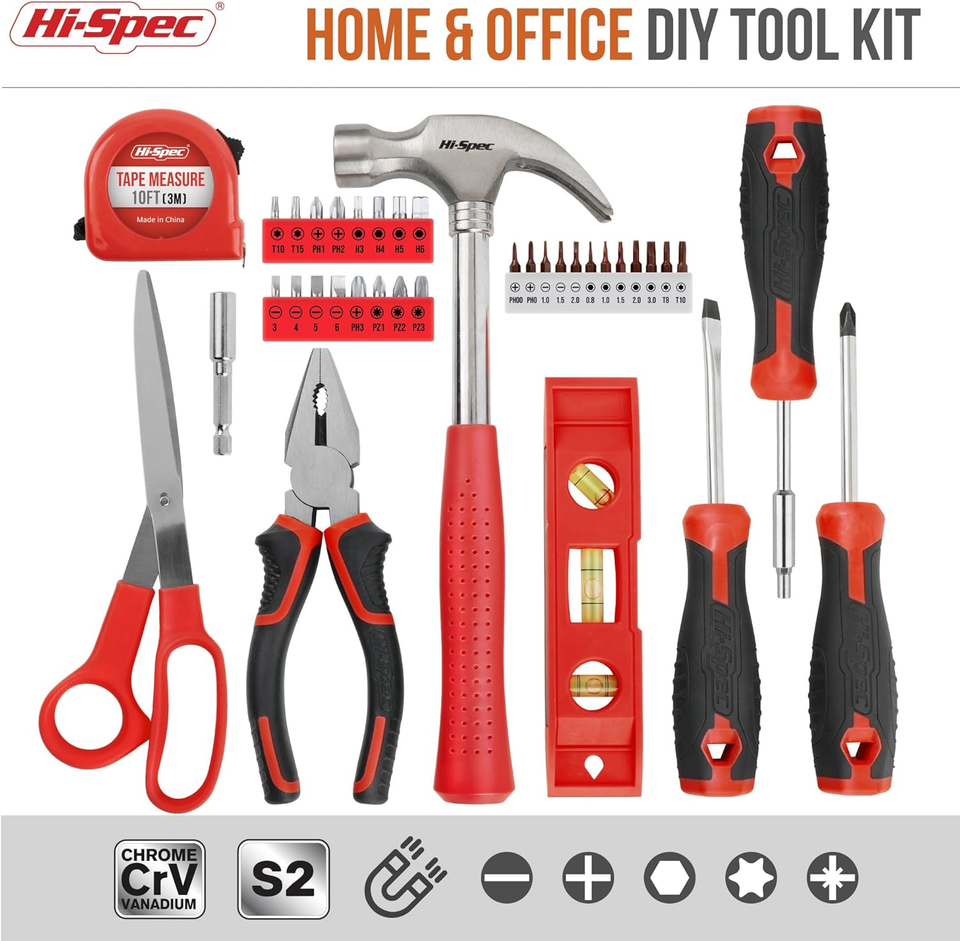 Hi-Spec 42Pc Red Household DIY Small Tool Kit. Tool Box Set of Starter ...