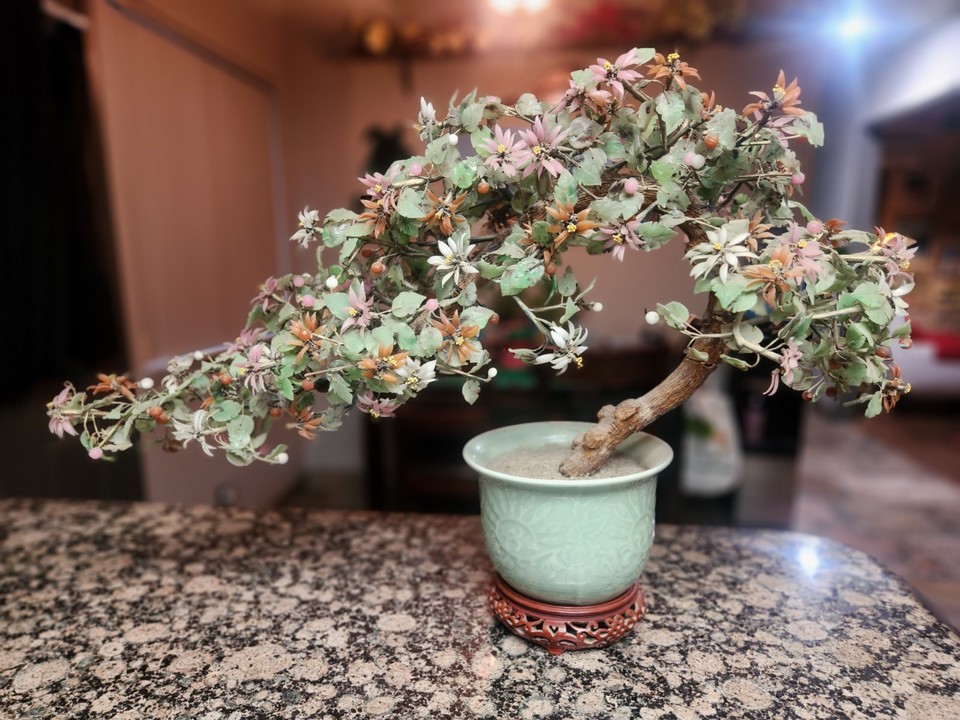 Vintage Chinese Jade Quartz Stone Glass Flower Bonsai Tree 17" x 29 ...