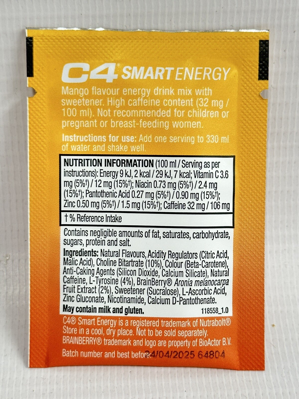 Cellucor C4 Smart Energy Drink Sachets Mango Flavour Natural Caffeine ...