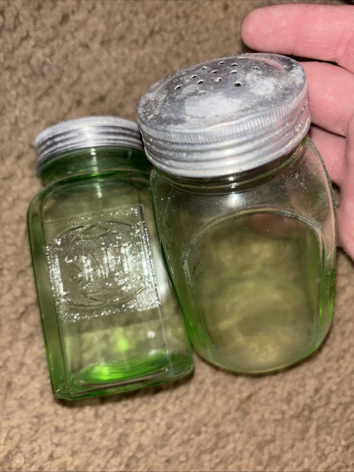 Vintage Uranium Glass Square Salt and Pepper Shakers - Glows | eBay