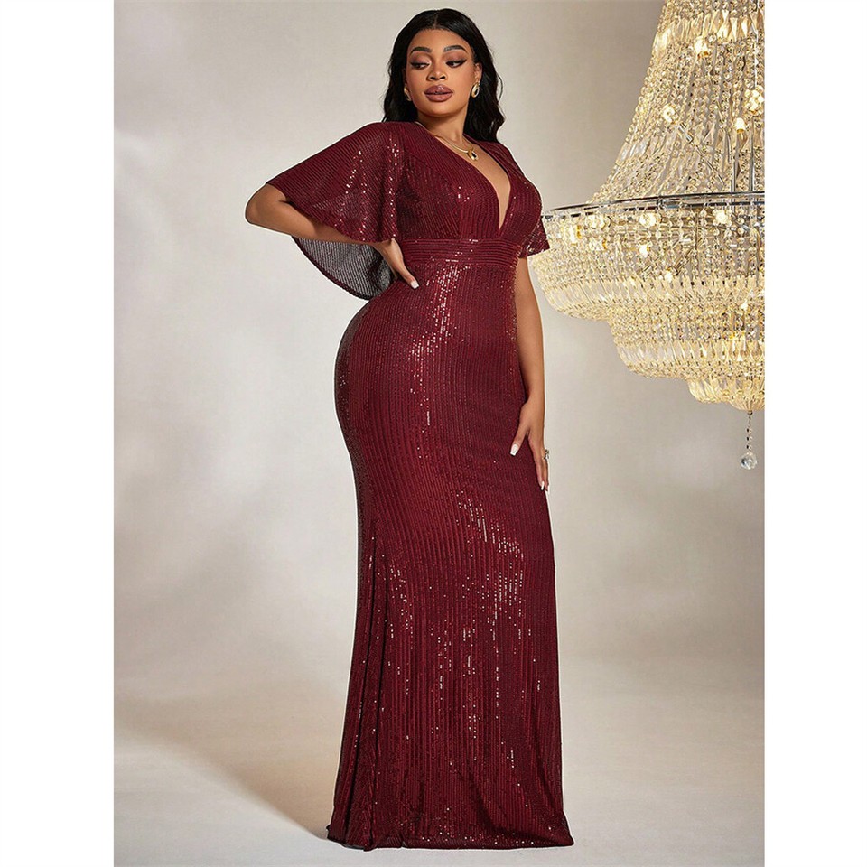 African Women Sequin Formal Abaya V-neck Bodycon Maxi Dresses Party ...