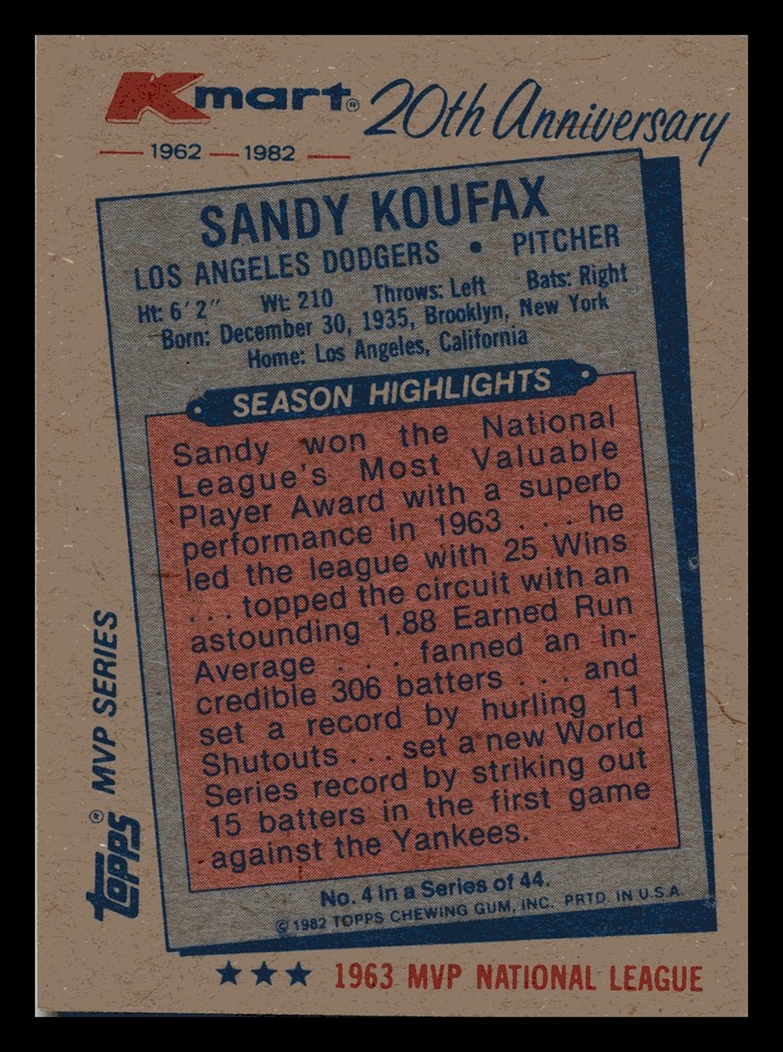 1982 Topps Kmart 20th Anniversary Sandy Koufax HOF #4 NM-MINT | eBay