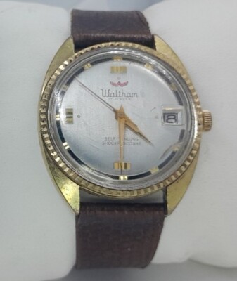 Men Vintage Waltham Automatic Watch Shock Resis Gold Case Brown Leather ...