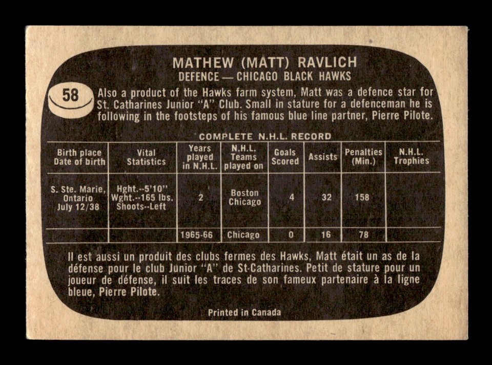 1966-67 TOPPS # 58 MATT RAVLICH 26846 | eBay