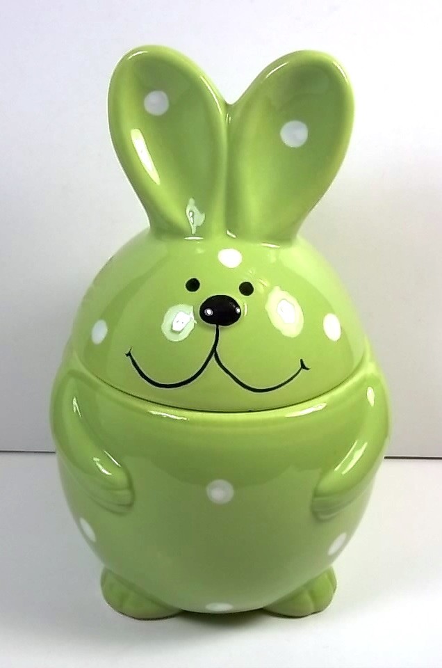 Ceramic polka dot bunny jar green & white 6" tall | eBay