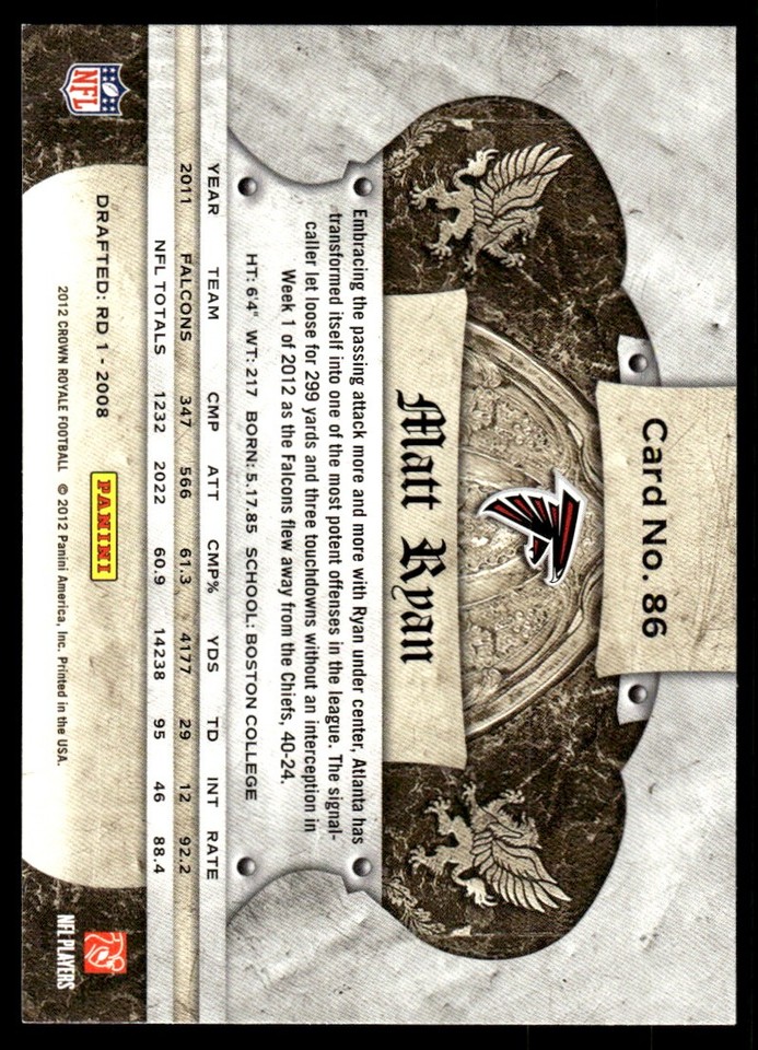 Matt Ryan 2012 Panini Crown Royale #86 Falcons NFL READ FREE SHIP ...