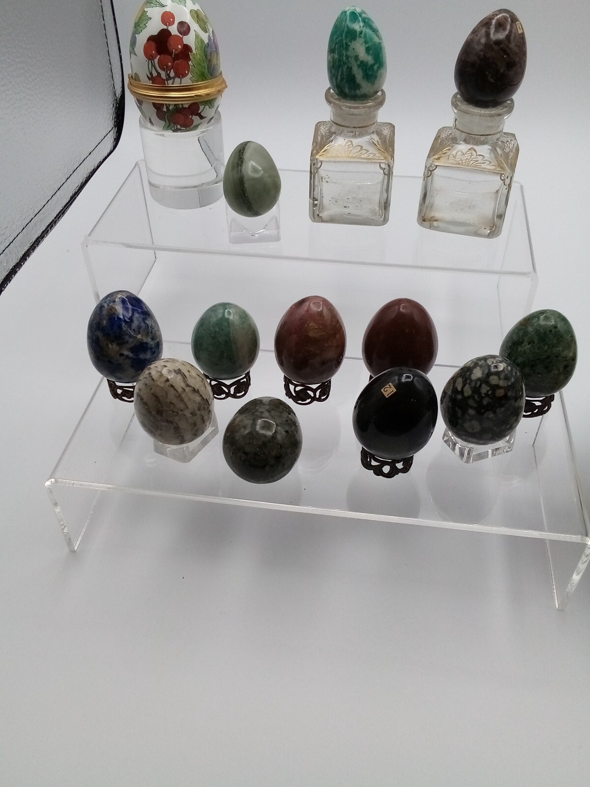 Eastern Collection of 9 Hand Painted Wooden; 12 Natural Stone Eggs and ...