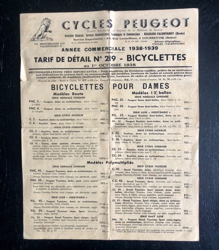Tarifs des Cycles Peugeot Année 1938/39 | eBay
