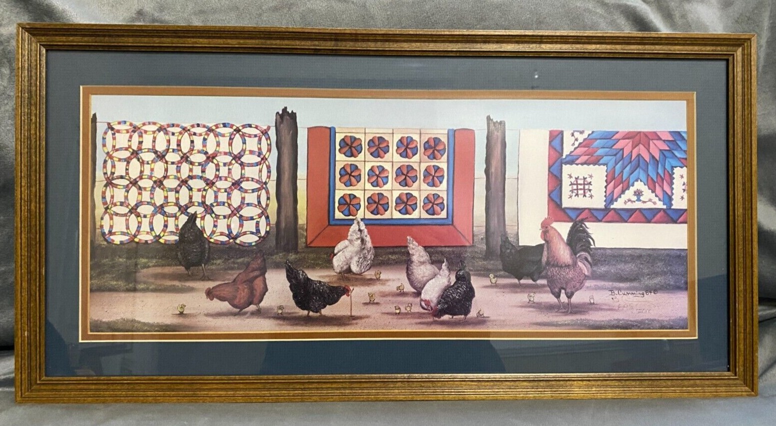 Beth Cummings Signed and Framed Quilts and Chickens Folk Art Print 1984 ...