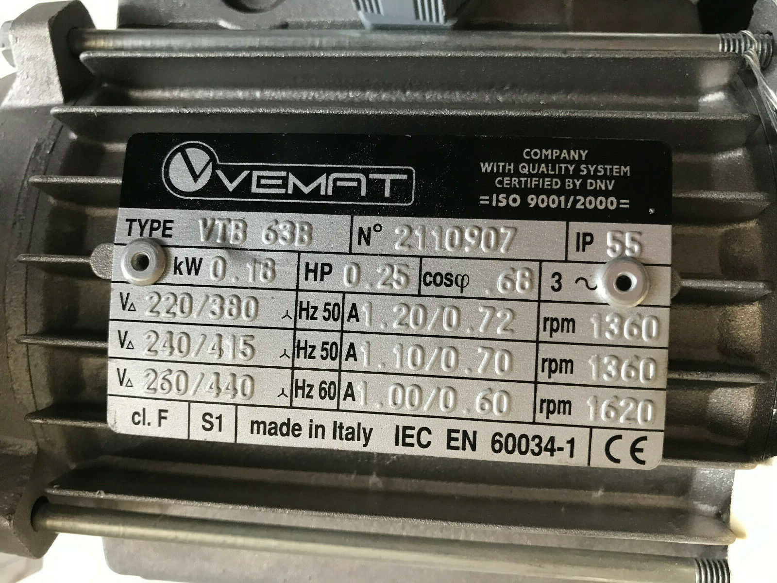 VEMAT VTB 63B ELECTRIC MOTOR 440v .25hp 1360/1620rpm,SITI MI 30 M6,F.11 ...