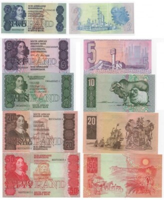 South Africa - set 5 banknotes 2 5 10 20 50 Rand 1974 - 1994 UNC ...