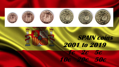 Spain coins 1 2 5 10 20 50 cent 2001 2003 2009 2012 2015 2016 2017 2019 ...