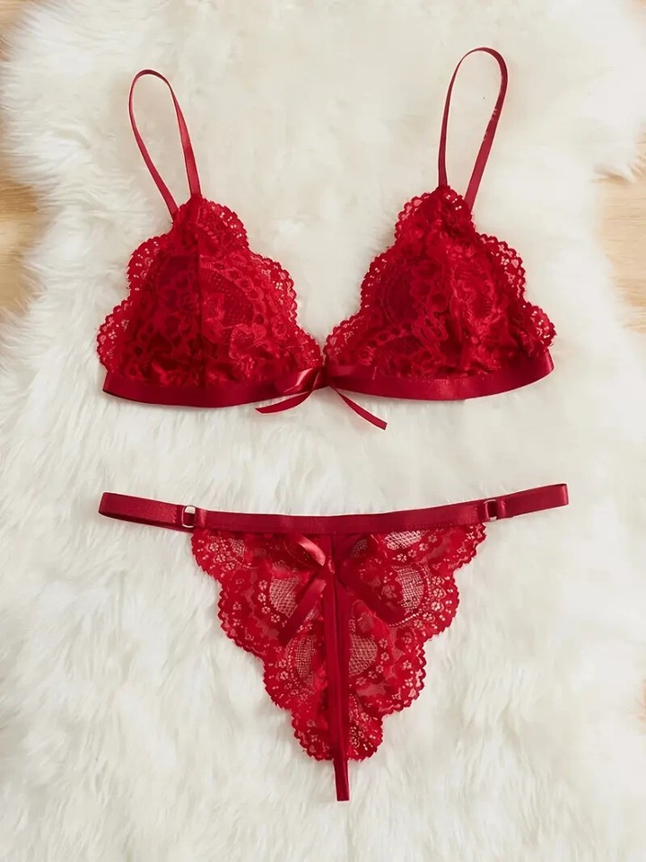 Red Floral Lace Lingerie Set , Size (L)34D,36C,38A,38B Triangle Bra ...