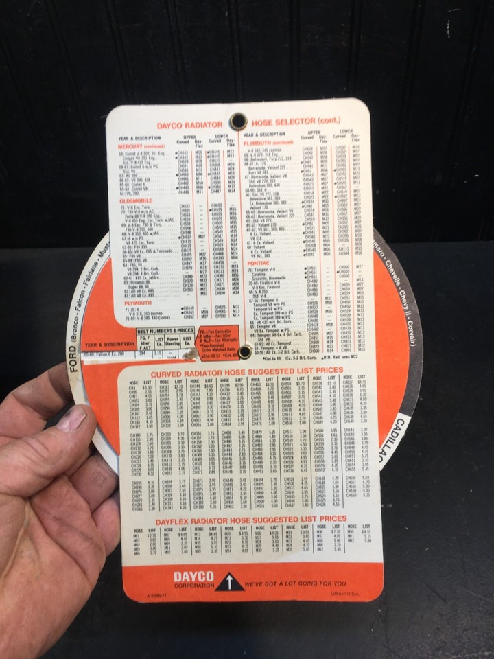 1971 Dayco Fan Belt & Radiator Hose Selector Repair Chart Auto Garage ...