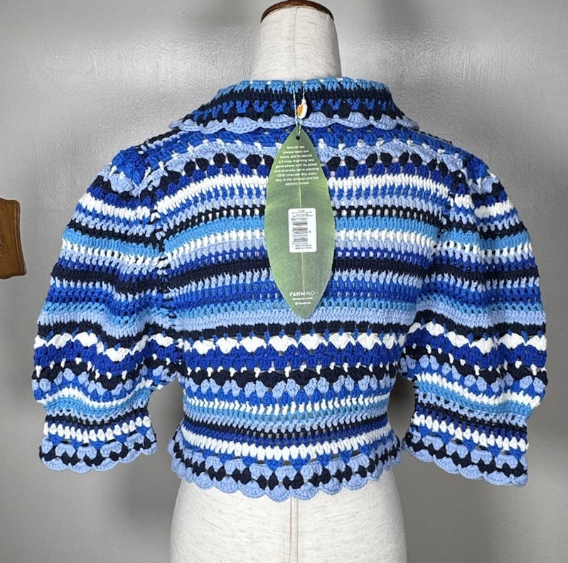 NEW Farm Rio Sz M Blue Multi Stitch Crochet Collar Crop Shrug Sweater ...