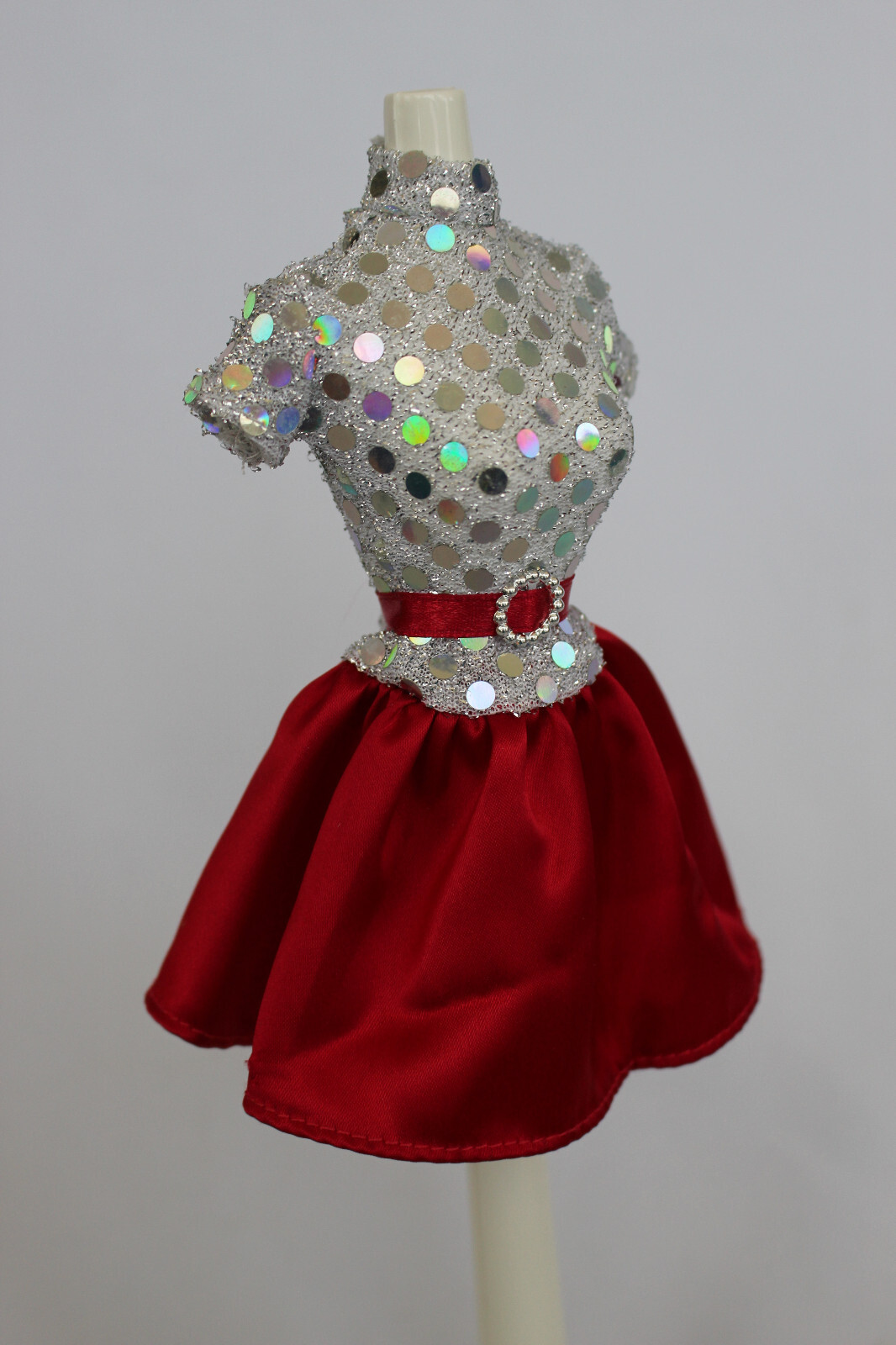 Red Silver Barbie dress outfit Sequin turtleneck belt satin Skirt ...