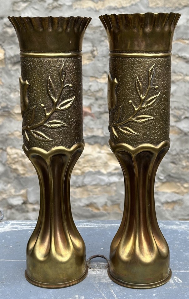 WW1 TRENCH ART SHELL CASE PAIR, EMBOSSED OLIVE BRANCHES & ALSACE 1918 ...