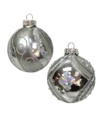 80MM Silver Glitter and Sequins Glass Ball Ornaments, 6-Piece Box Set ...
