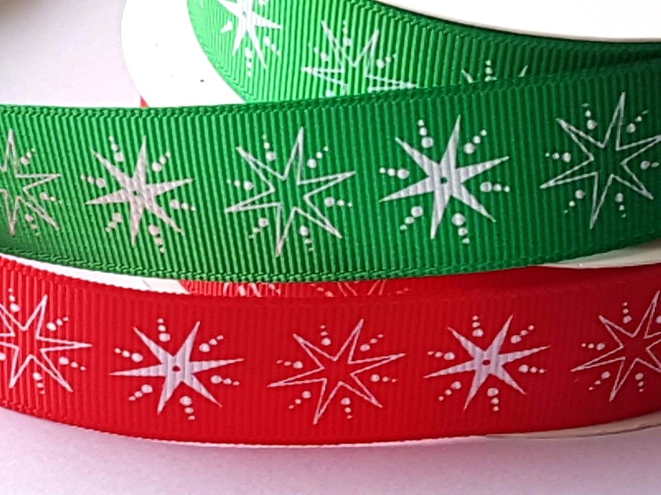 1M CHRISTMAS SNOWFLAKE/STAR Red or Green Ribbon 22mm Grosgrain Trimming ...