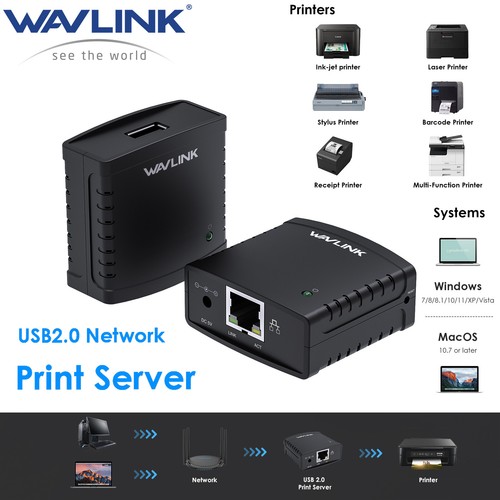 Wavlink USB 2.0 Print Server for LAN Sharing, No Driver Needed, Win/Mac ...