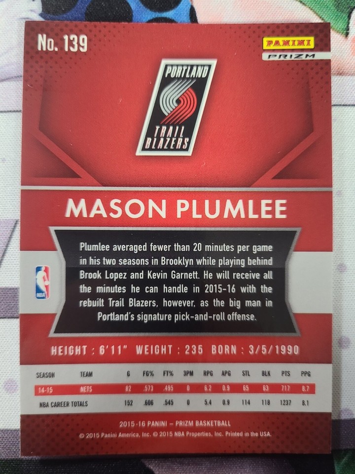 2015-16 Panini Prizm Prizms Silver Blazers Basketball Card #139 Mason ...