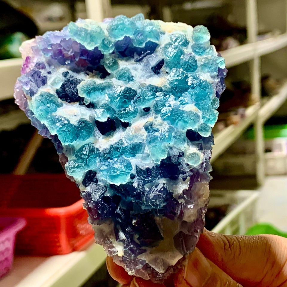 311G Natural transparent purple+green Octahedral fluorite mineral ...