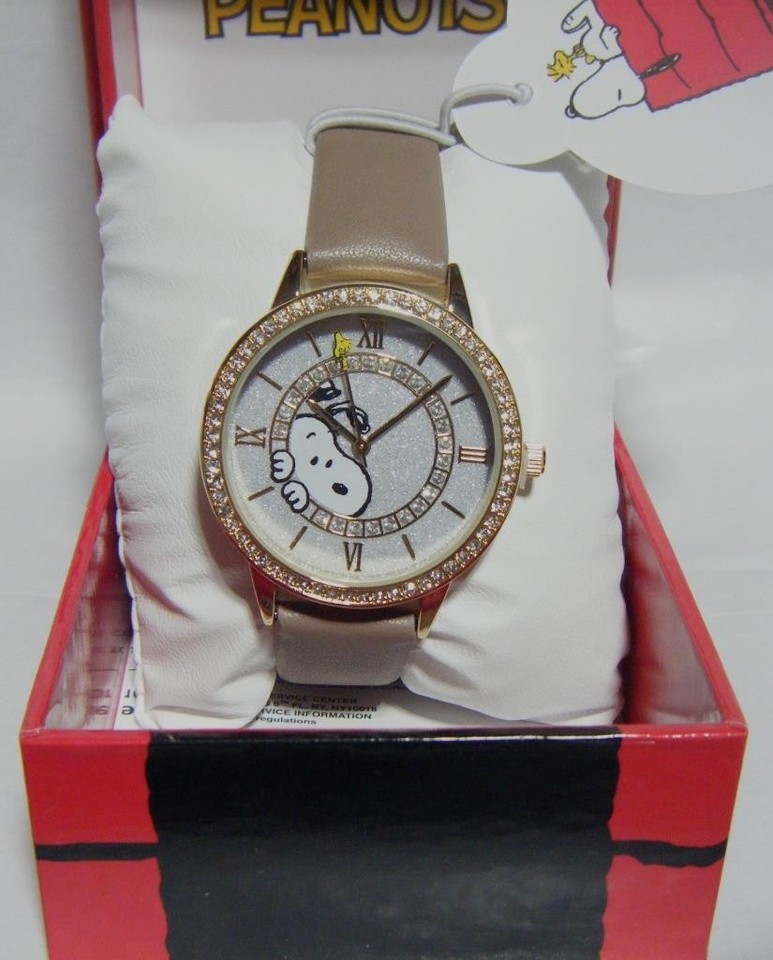 Peanuts Snoopy Special Ed. Goldtone Glitter Dial Taupe Band Woman's ...