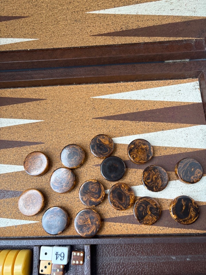 Vintage Backgammon Set 30 Butterscotch & Brown Marble Bakelite Checkers ...
