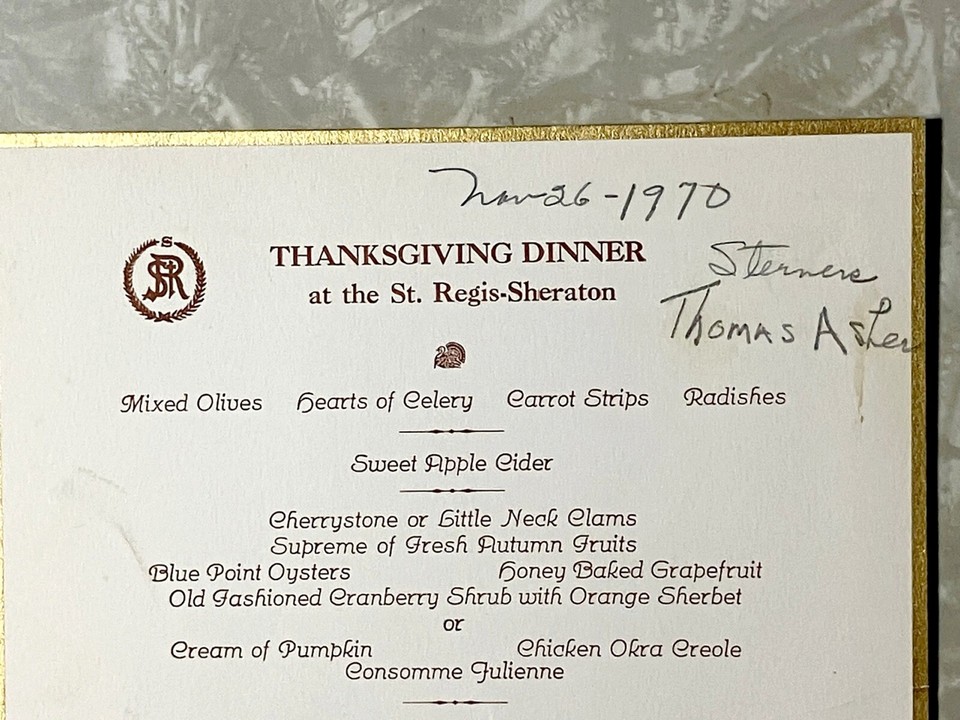 vtg THANKSGIVING DINNER MENU st. regis SHERATON HOTEL 1970 giblet gravy ...