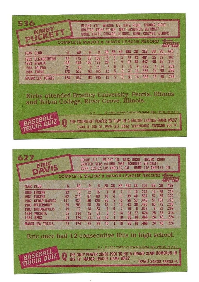 1985 TOPPS #536 KIRBY PUCKETT HOF + #627 ERIC DAVIS ROOKIE CARDS LOT ...