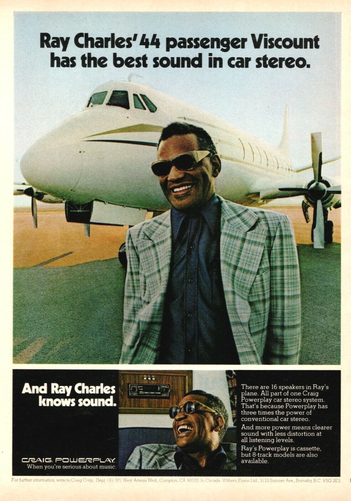 1972 vintage AD CRAIG POWERPLAY Sound in Ray Charles Vickers Viscount ...