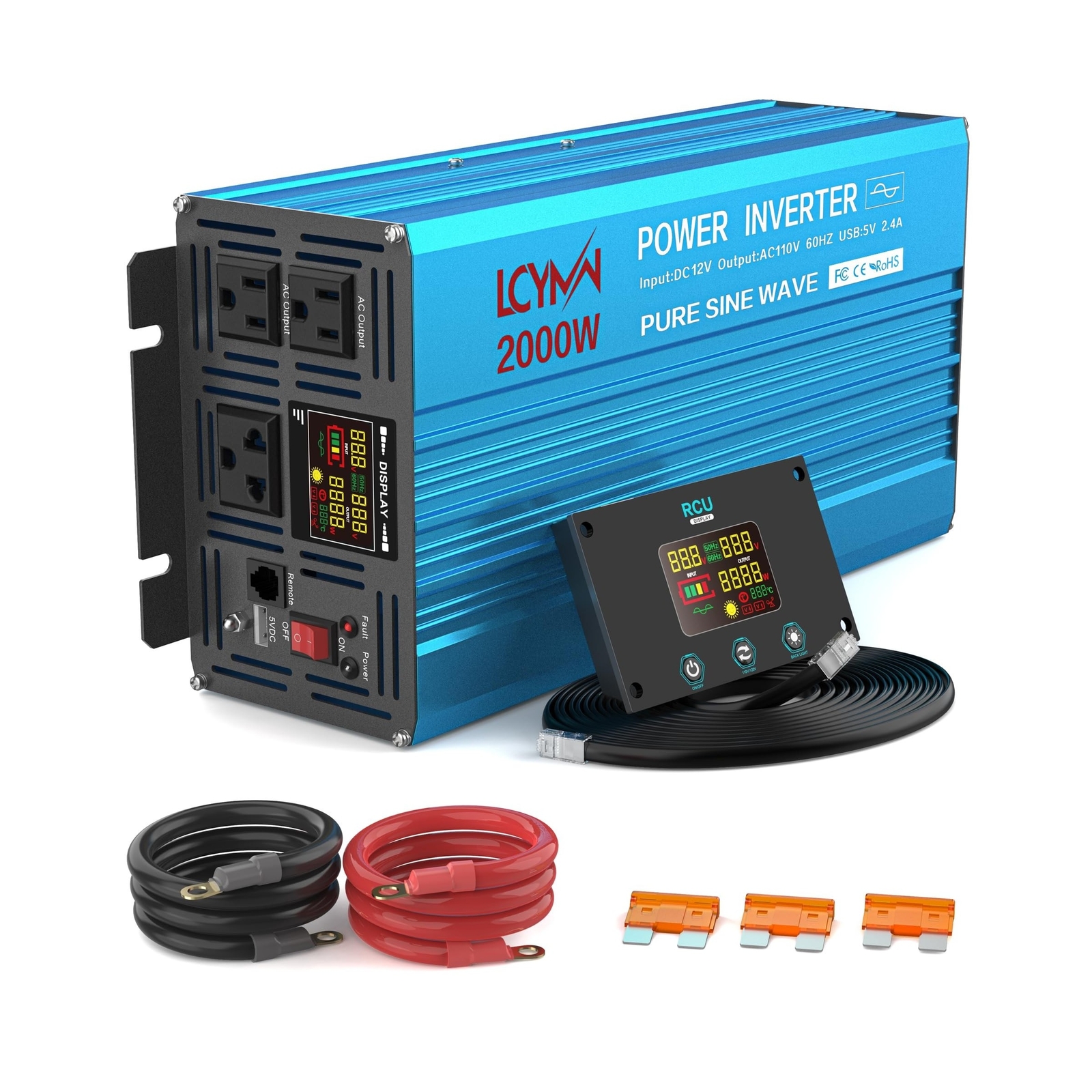 LCYMW 2000 Watt Inverter Pure Sine Wave DC 12V to 110V AC Power ...