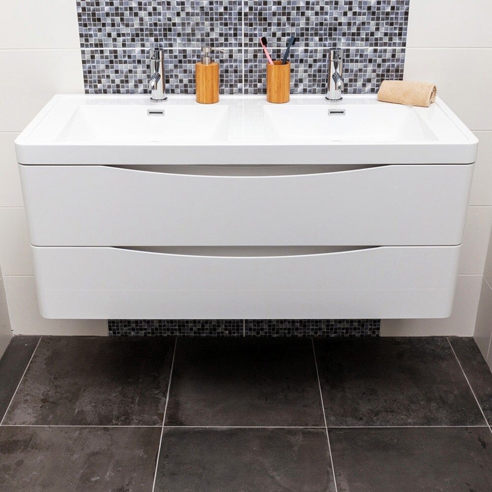 White Vanity Unit & Double Sink Wall Hung Gloss Bathroom Basin Two ...