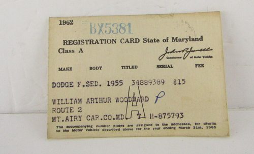1962 Maryland Car Registration Stub Card Vintage | eBay