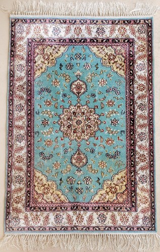 Superb 100% Silk Turquoise Blue hand-knotted Oriental 400 kpsi carpet 3 ...
