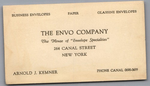 C.1900 NYC NEW YORK ENVO COMPANY ENVELOPES KEMNER BUSINESS CARD F15b | eBay