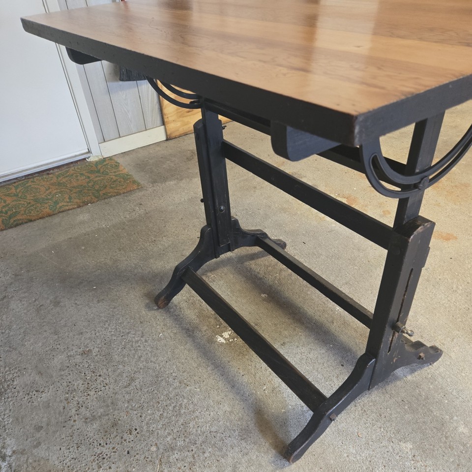 Antique Solid Oak Drafting Table by Frederick Post. Adjustable. Iron ...