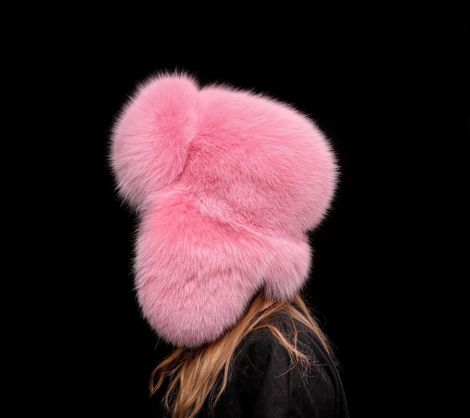Genuine Flamingo Pink Shadow Fox Fur Handmade Massive Trapper Aviator ...