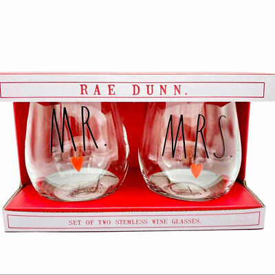 NEW RAE DUNN MR. & MRS. STEMLESS WINE GLASSES SET VALENTINE'S DAY ...