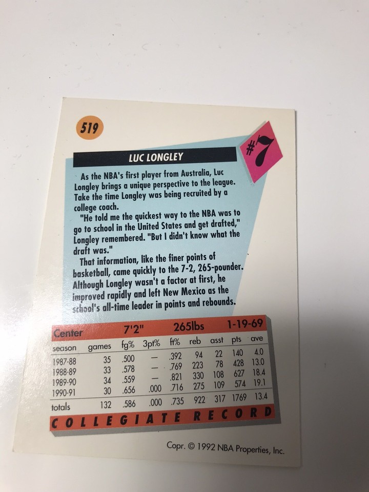 1991-92 Skybox LUC LONGLEY DRAFT RC Rookie #519 Timberwolves /Bulls New ...