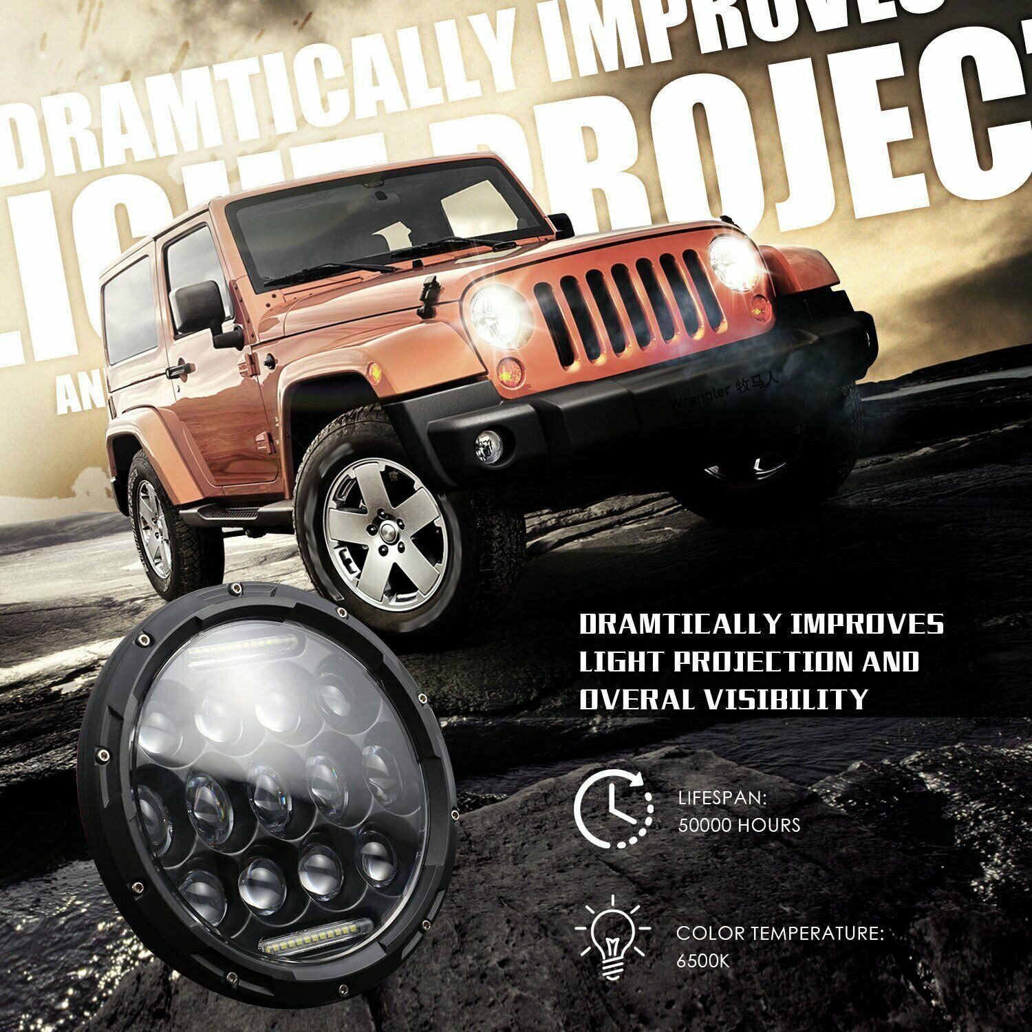 7Inch High Low Beam Round LED Projector Headlight Driving Light 2pcs ...