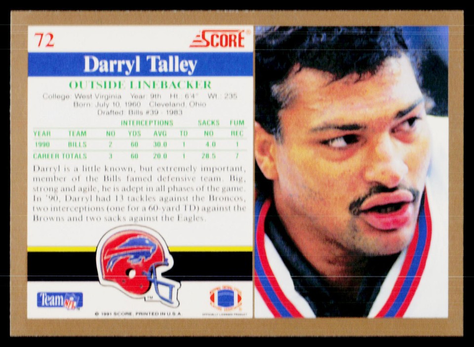 Darryl Talley, 1991 Score, #72, Buffalo Bills, | eBay