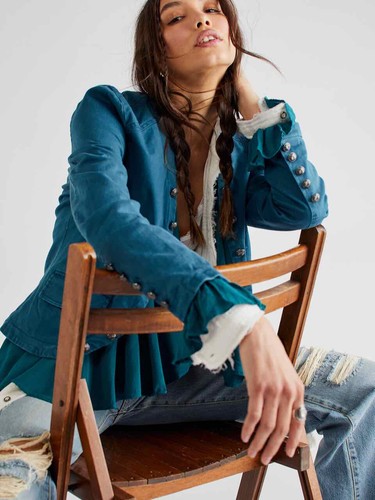 Free People Ruffles Romance Jacket Button Pocket Relaxed Front Open ...