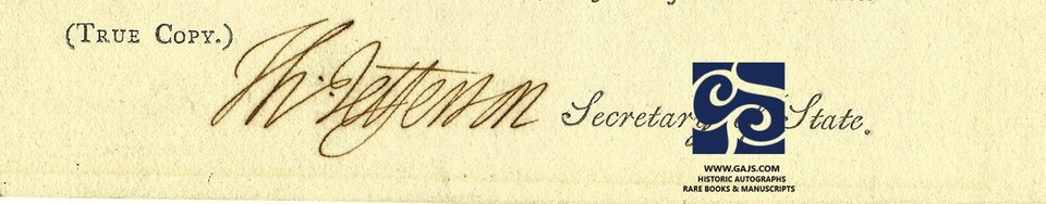THOMAS JEFFERSON - SIGNS AN ACT OF THE SECOND CONGRESS - 1790 - SIGNED ...